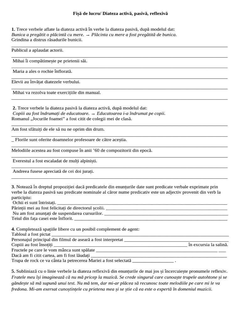 Fisa de Lucru - Diateza Verbului VII | PDF