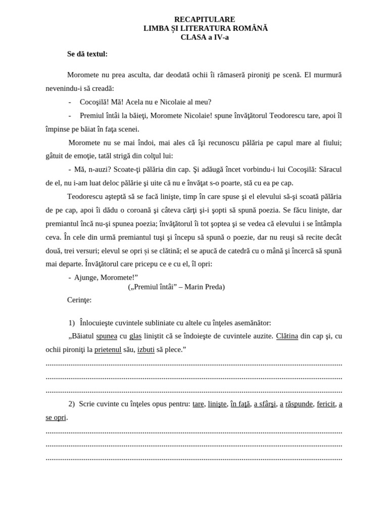 Fisa de Recapitulare Finala 1 LB - Romana Clasa A Iva | PDF