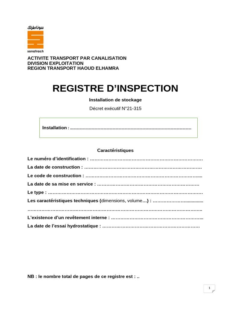 Registre D'inspection Installations de Stockage | PDF
