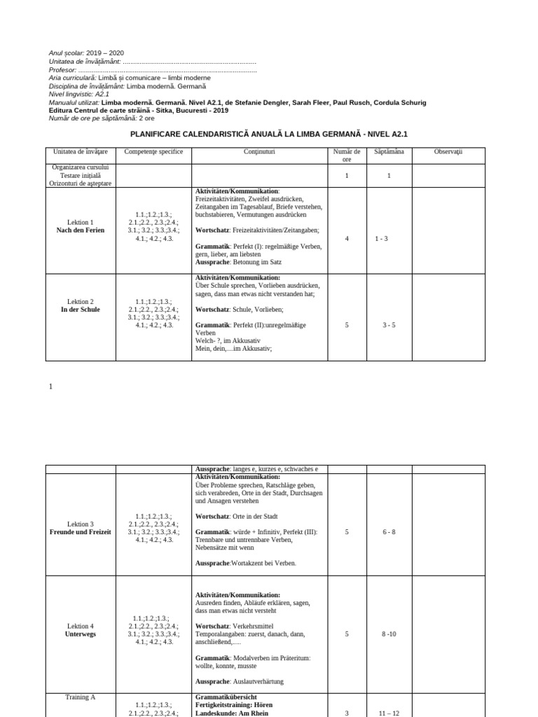 Planificare Limba Moderna Germana-Nivel A2.1 | PDF