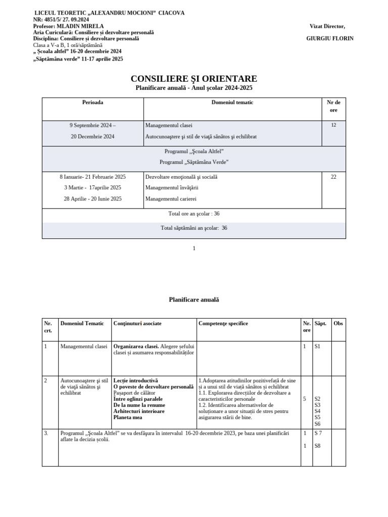 Planificare Dirigentie-Clasa5 | PDF
