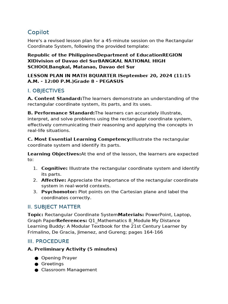 Co Lesson Plan Math 8-Copilot | PDF