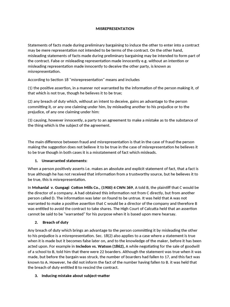 Mistake and Misrepresentation | PDF