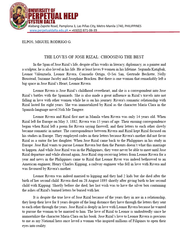 THE LOVES OF JOSE RIZAL; CHOOSING THE BEST- ELPOS | PDF