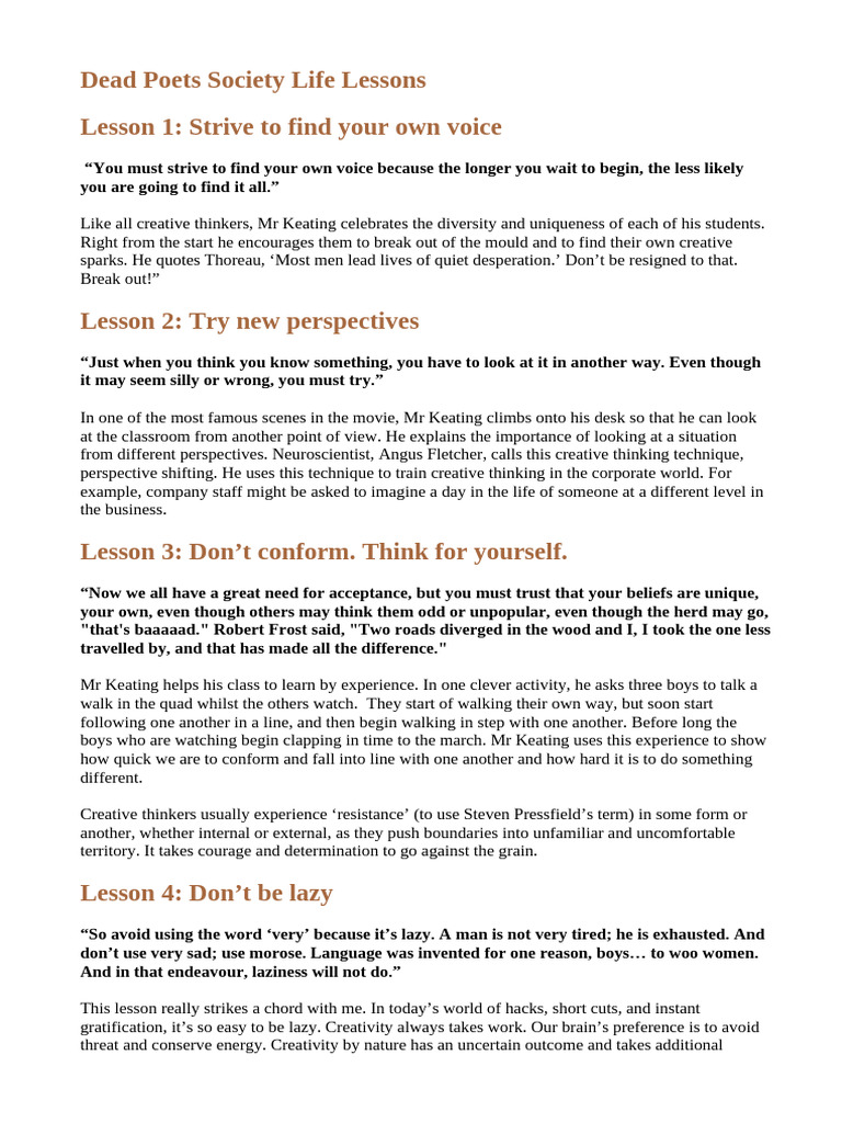 Dead Poets Society Life Lessons | PDF