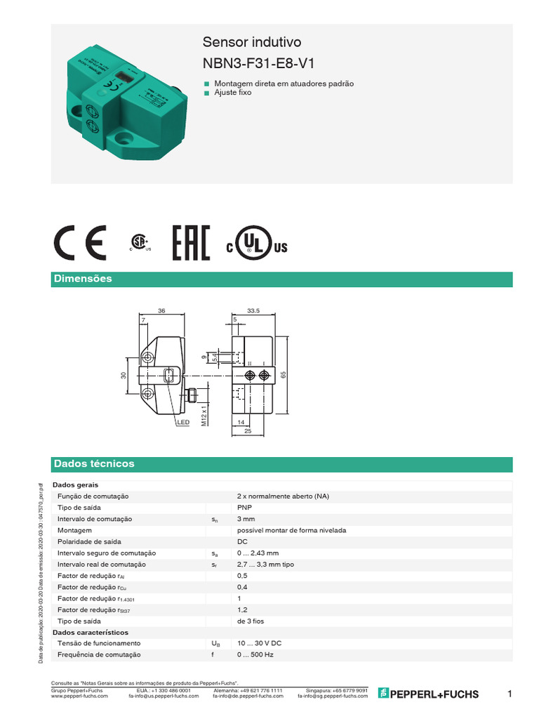 Sensor Indutivo NBN3-F31-E8-V1: Dimensões | PDF