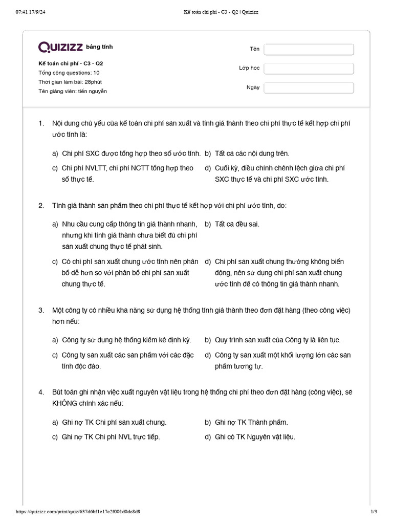 Kế toán chi phí - C3 - Q2 _ Quizizz | PDF