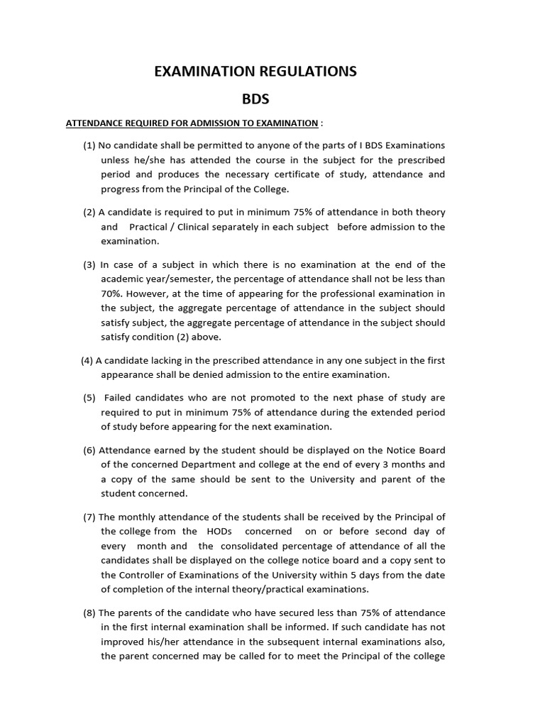 BDS Examination Attendance Regulations | PDF | Dental Degree | Career ...