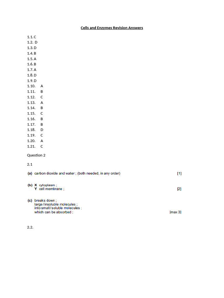 Answers To Revision Questions Cells and Enzymes | PDF