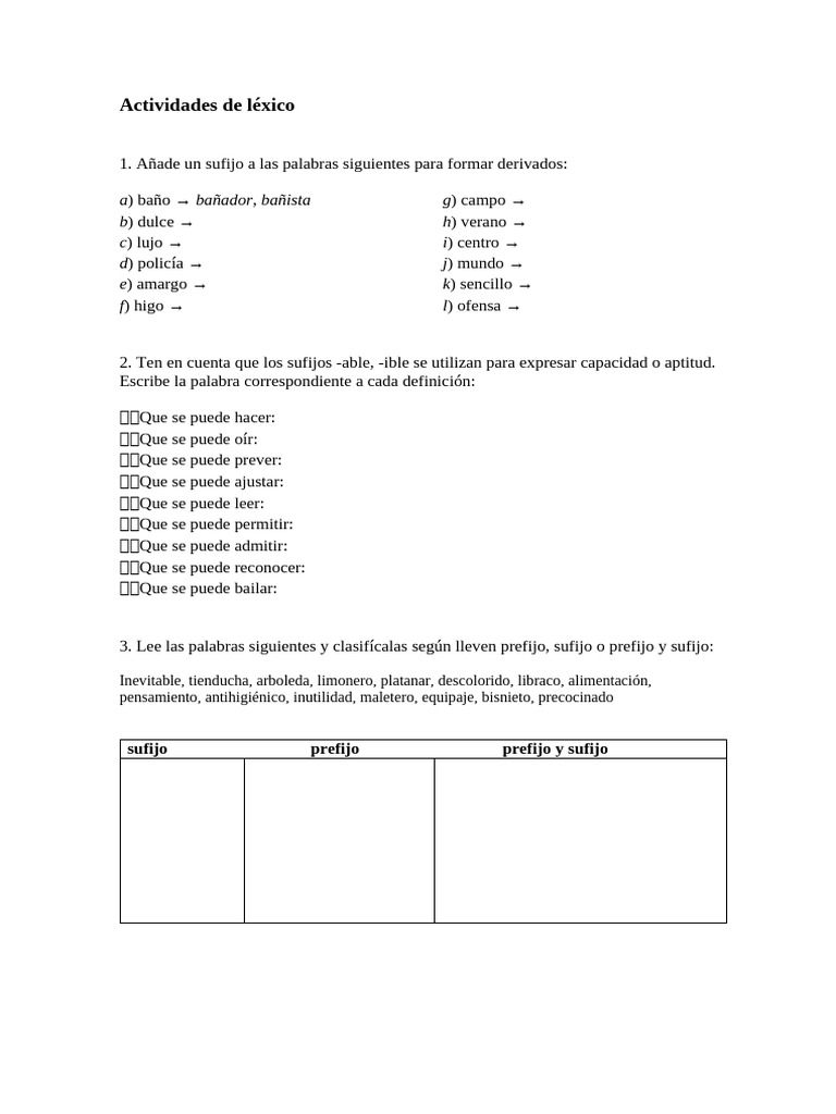 Actividades de Léxico Prefijos Sufijos Compuestas Sinónimos | PDF