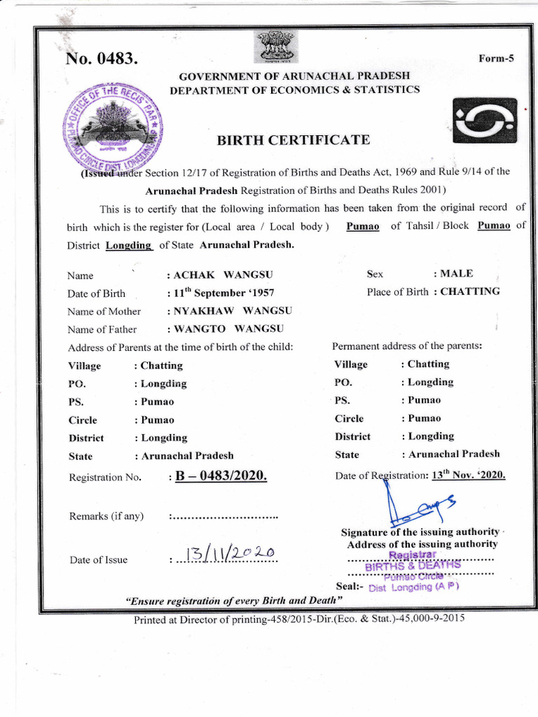 Birth Certificate Achak Wangsu | PDF | Government And Personhood | Social Institutions