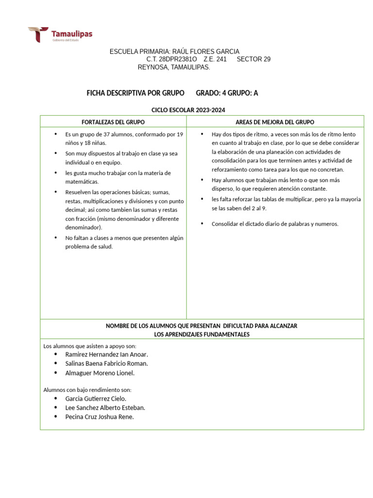 Ficha Descriptiva Grupal 4°a1 | PDF