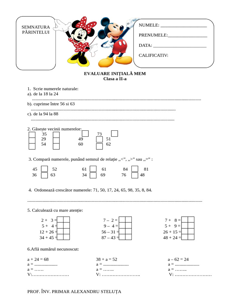 Evaluare Initiala La Matematica Clasa 2 | PDF