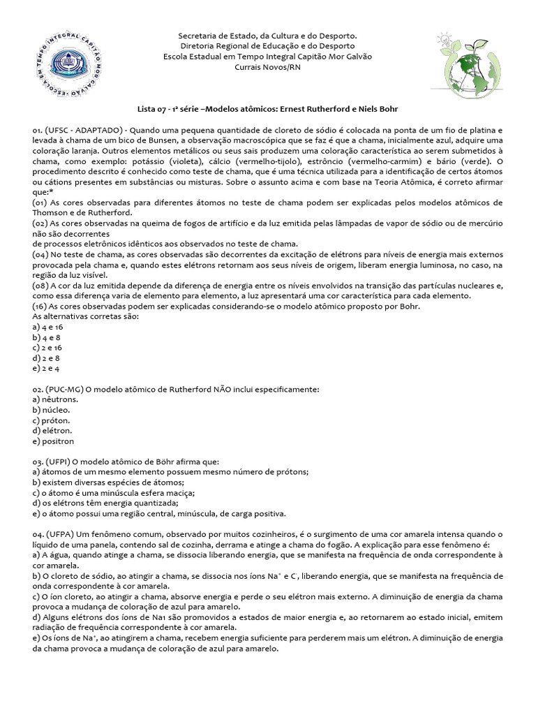 Lista 07 - 1 - S-Rie - Modelos At-Micos Ernest Rutherford e Niels Bohr | PDF