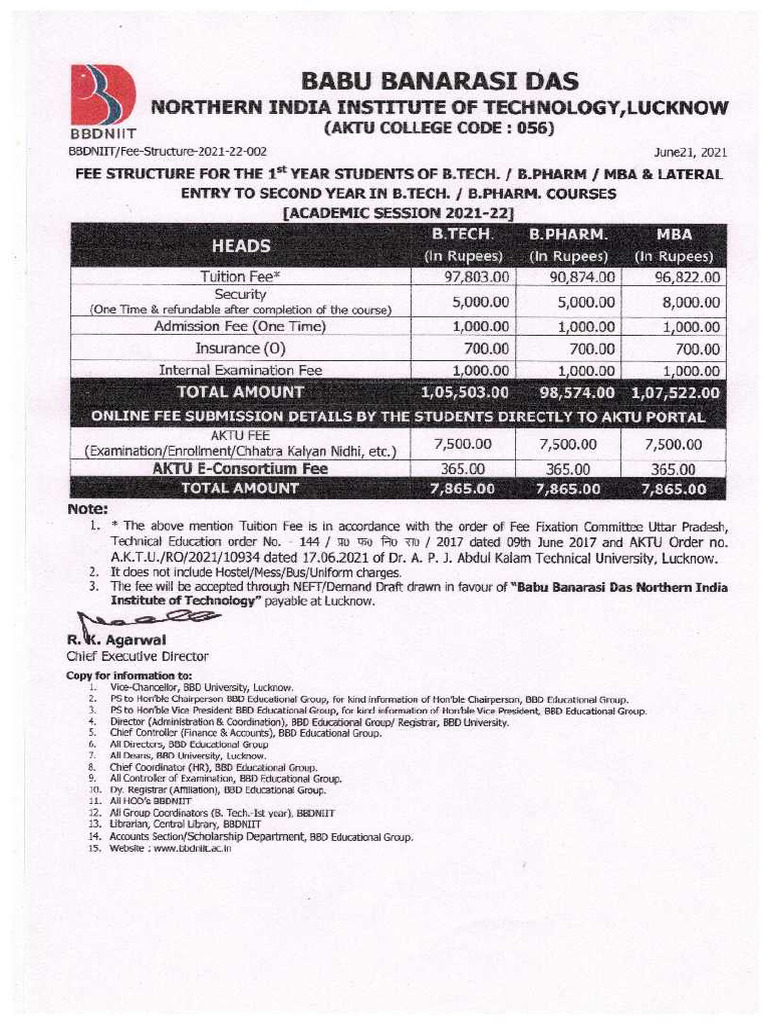 Fee - Structure - 2021-22 - Bbdniit Lucknow | PDF