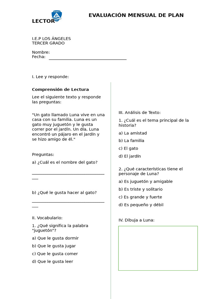 Evaluación Mensual de Plan Lector (Básico) | PDF