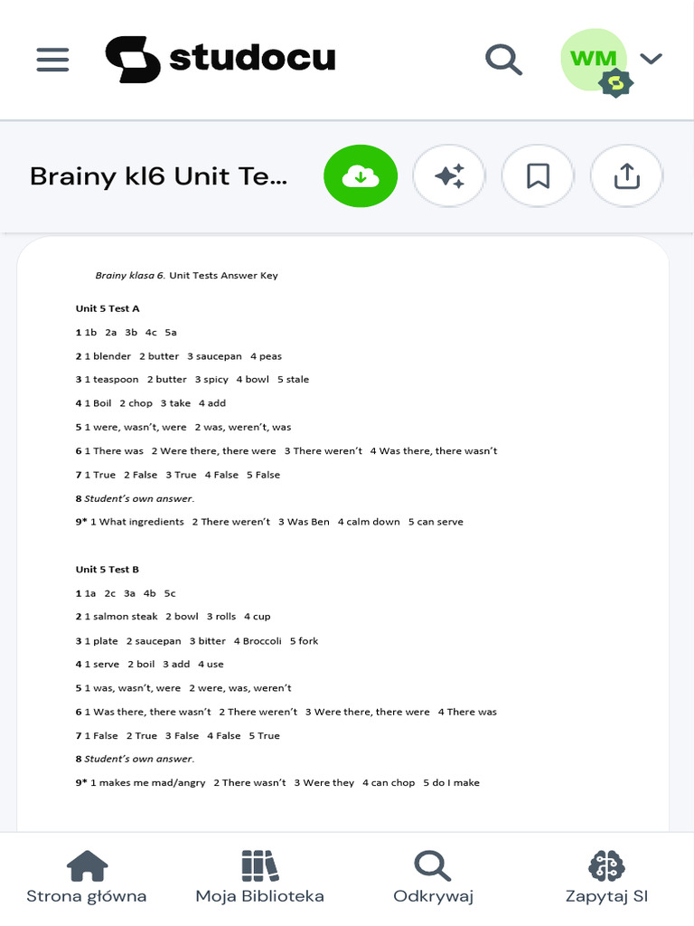 Brainy Kl6 Unit Tests Answer Key - Unit 1 Test A 1 1C 2F 3A 4E 5B 2 1 ...