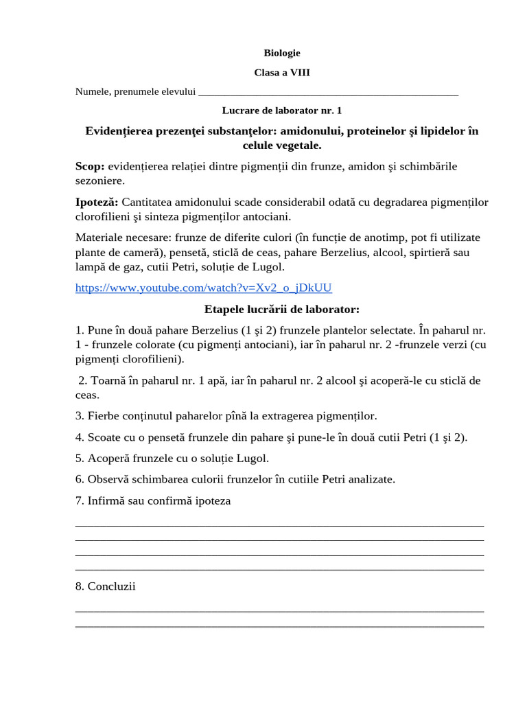 Lucrare de Laborator - Bio - Clasa 8 | PDF