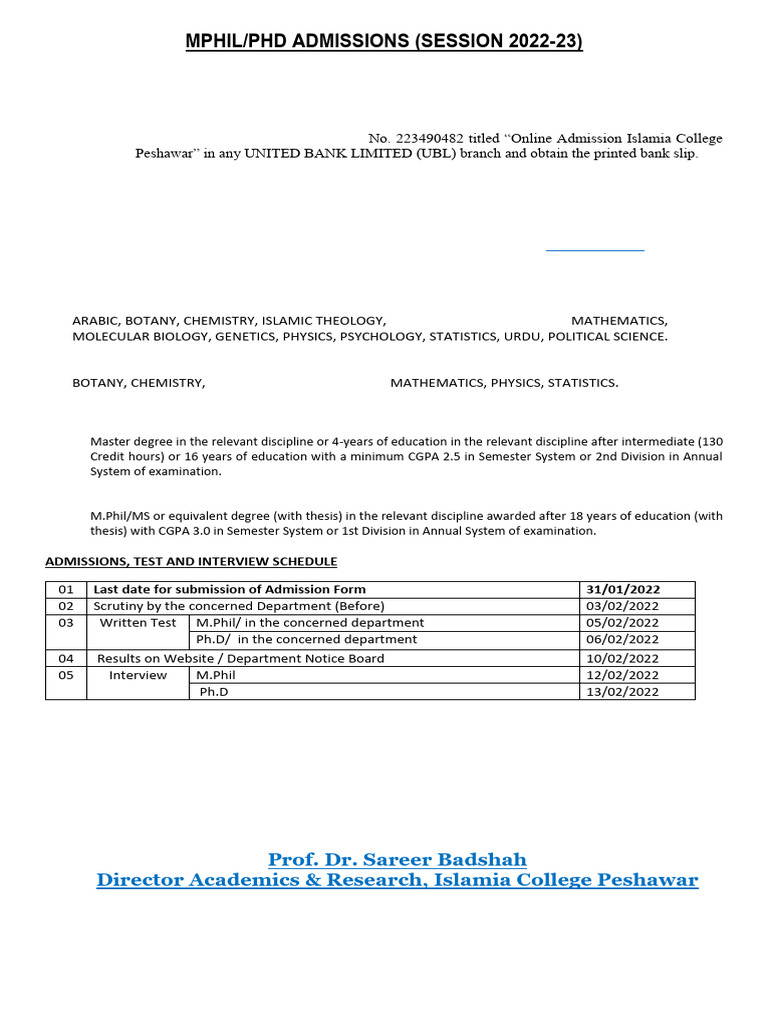 Mphil PHD Admission Add 22 | PDF