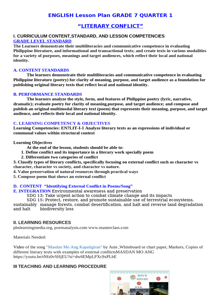 Grade 7 Literary Conflict Lesson Plan | PDF | Learning | Poetry