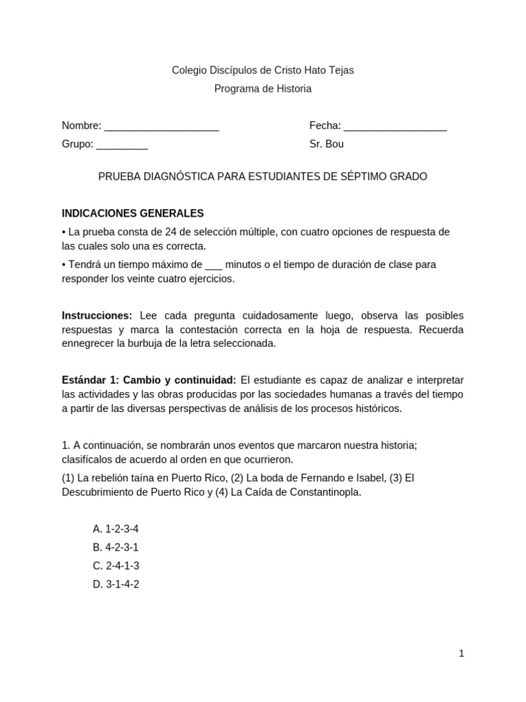 Prueba Diagnostica 7mo Grado | PDF