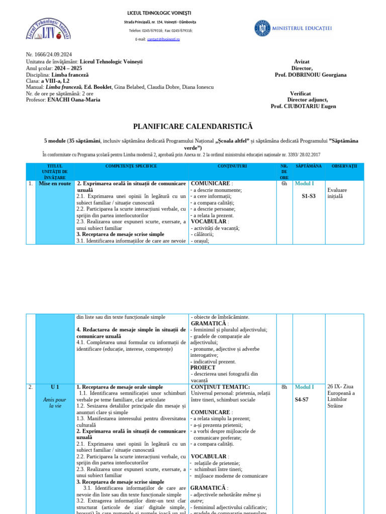 Planificare Calendaristică a-VIII-a - Prof. Enachi Oana | PDF