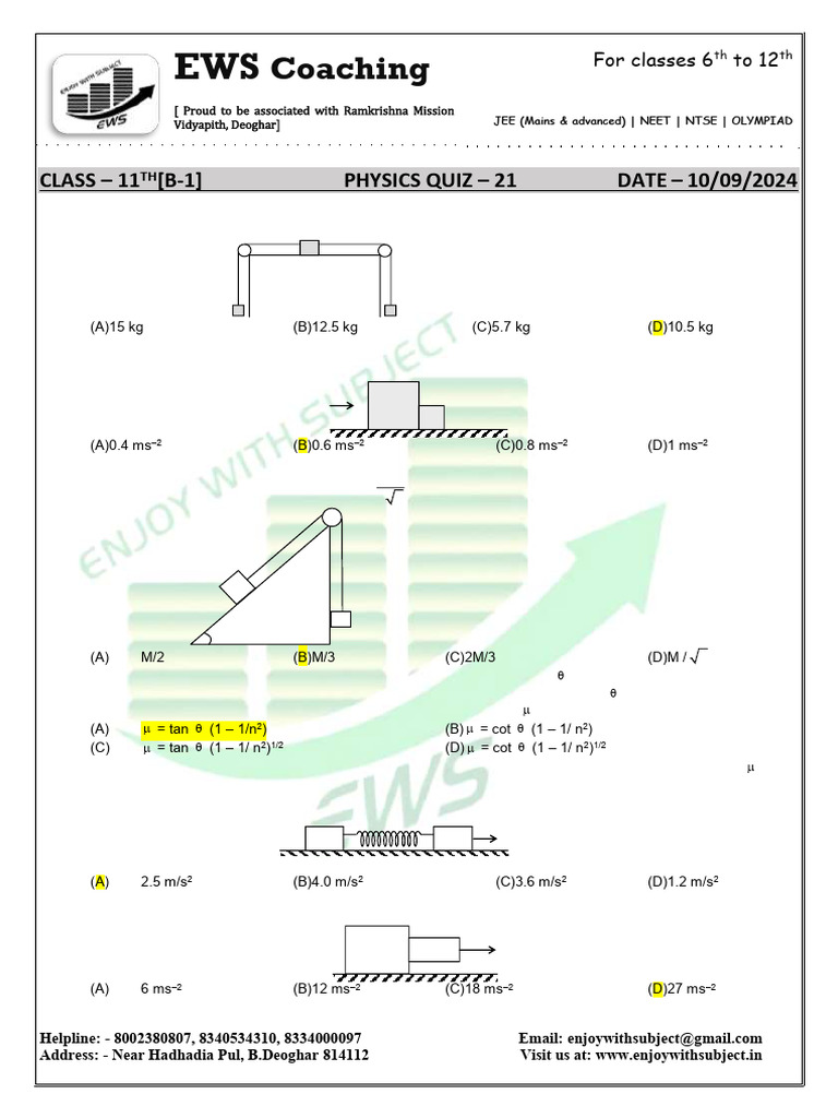 11TH (B-1) Physics Quiz - 21 (Answerkey) Date - 10-09-2024 | PDF