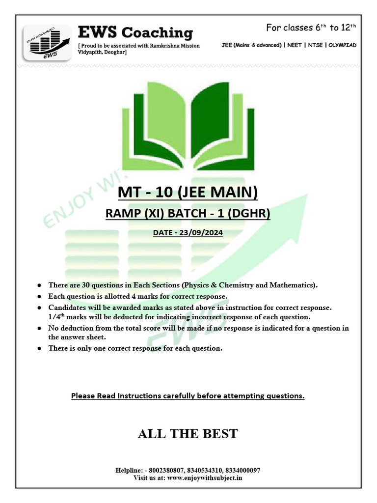 MT 10 Jee Main Batch - 1 Wa (23.09.2024) | PDF