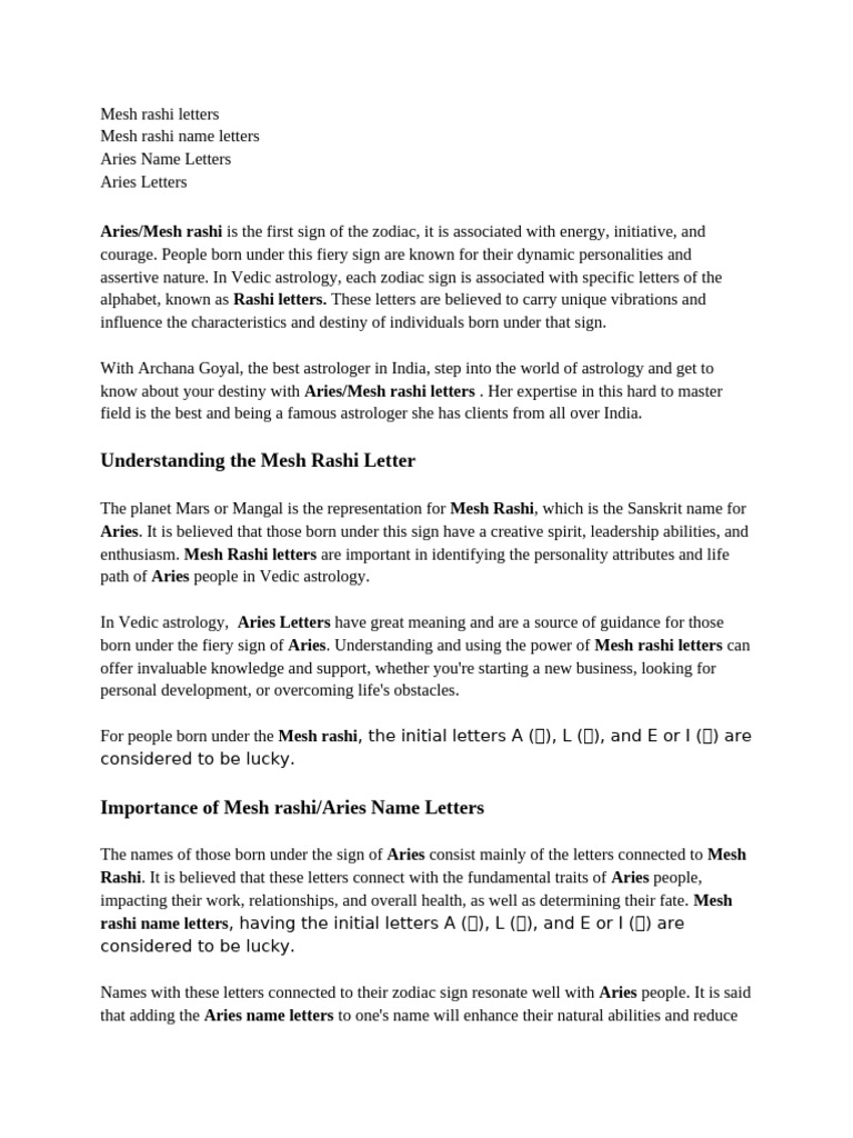 Aries - Mesh Rashi Letters | PDF | Hindu Astrology | Self-Improvement