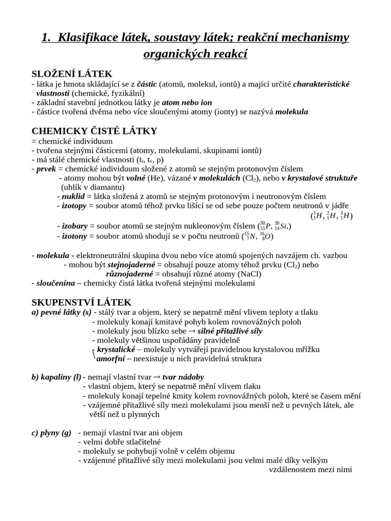 Klasifikace Látek, Soustavy Látek - Reakční Mechanismy Organických ...