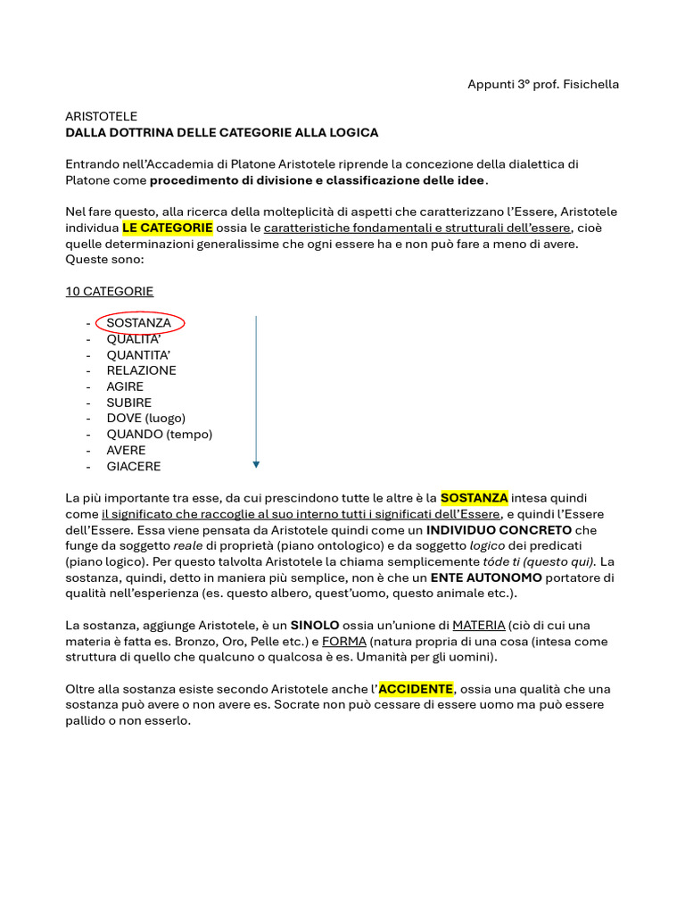 Aristotele - Appunti Per Studenti | PDF