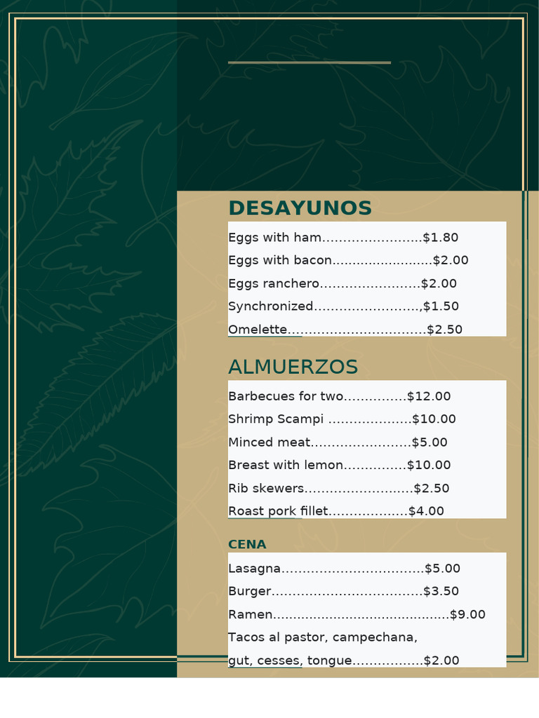 Menú de Alimentos en Ingles | PDF
