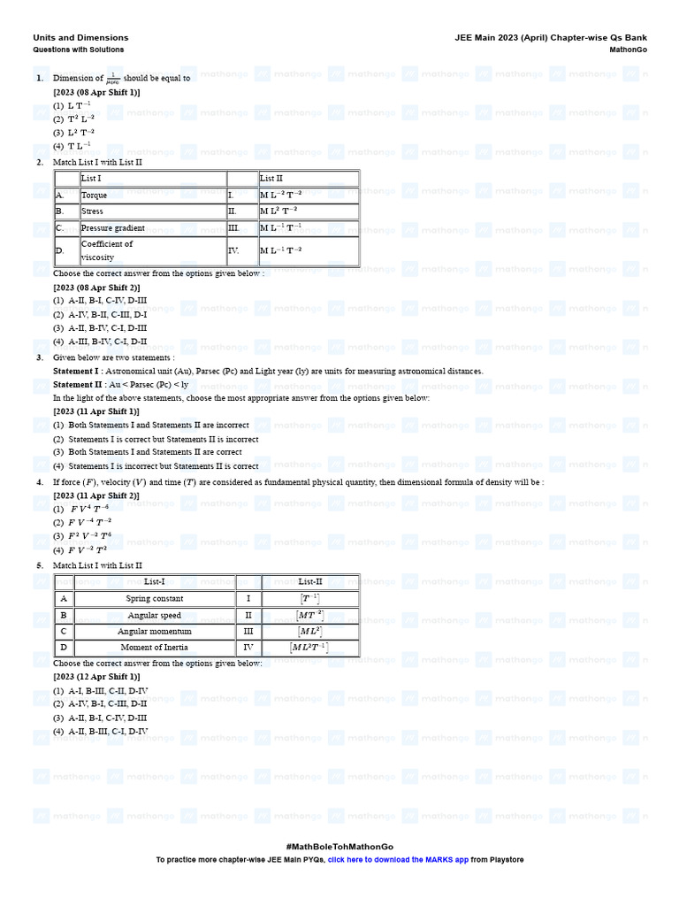 Units and Dimensions - JEE Main 2023 April Chapterwise PYQ - MathonGo | PDF