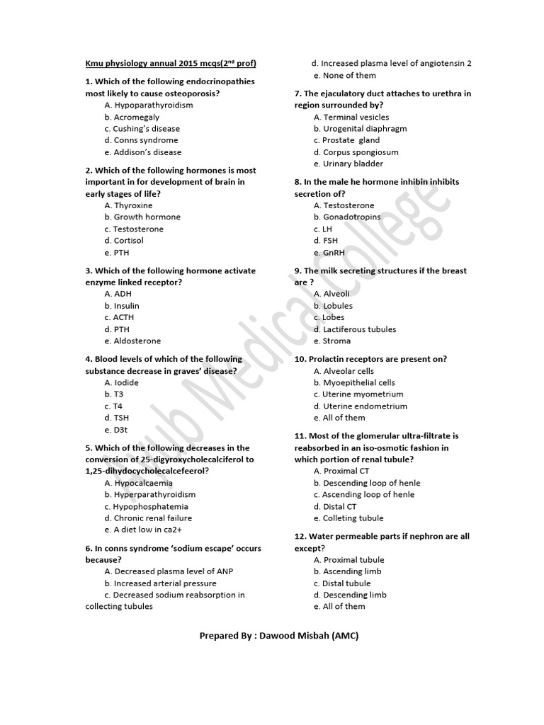 Physiology MCQ's | PDF