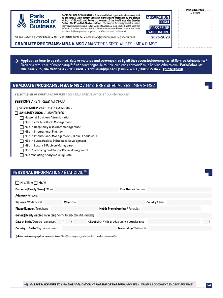 PSB Graduate Application Form | PDF