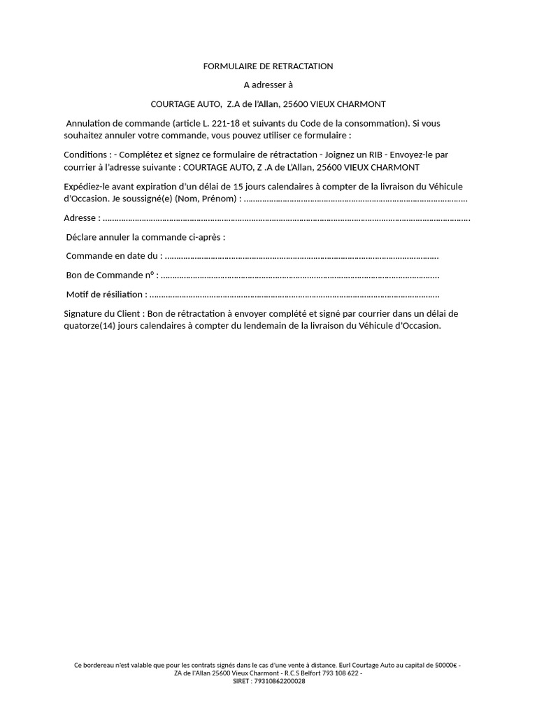 Formulaire de Retractation Courtage Auto | PDF