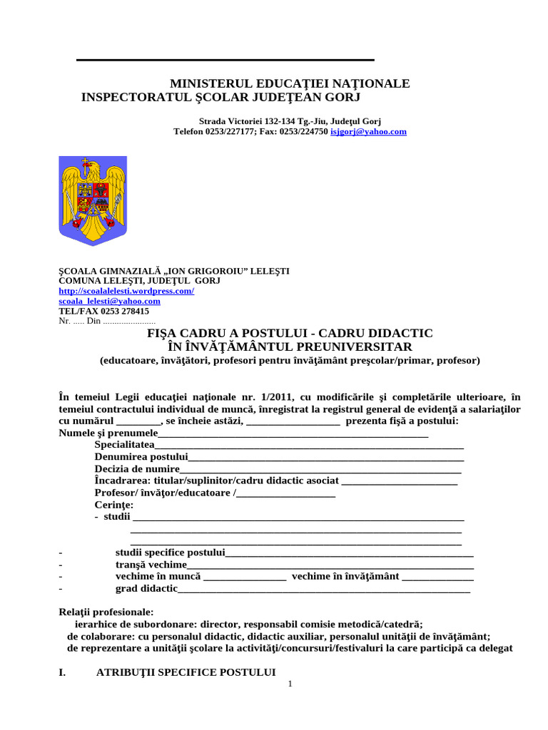Fisa Post Prof Inv Si Educatoare | PDF