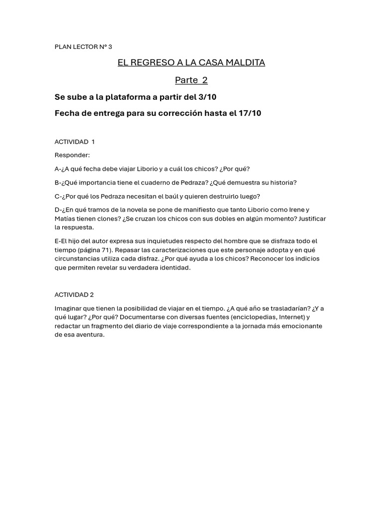 Plan Lector N 3 Actividades Plataforma - Parte 2 | PDF
