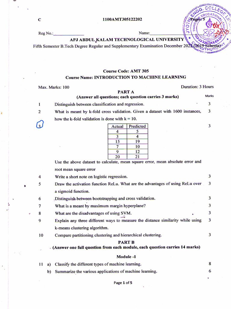 Amt305 Introduction To Machine Learning, Pyq | PDF | Support Vector Machine | Receiver Operating ...