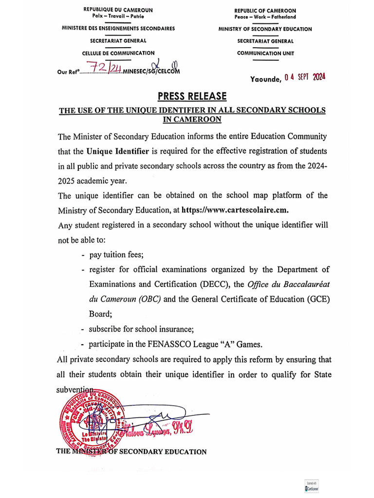 Unique Identifier - Matricule Unique-MINESEC | PDF