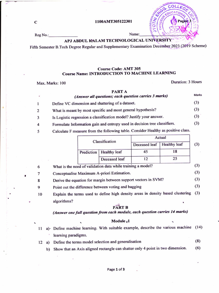AMT305 INTRODUCTION TO MACHINE LEARNING, Pyq2 | PDF | Machine Learning ...