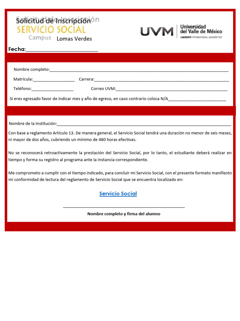 Solicitud de Servicio Social UVM | PDF