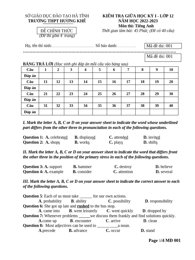 De Giua Hoc Ky 1 Tieng Anh 12 Nam 2022 2023 Truong THPT Huong Khe Ha Tinh | PDF