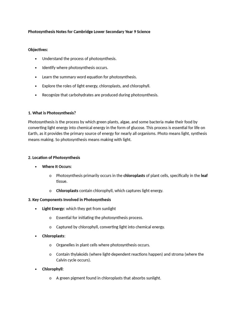 Photosynthesis Notes For Cambridge Lower Secondary Year 9 Science | PDF