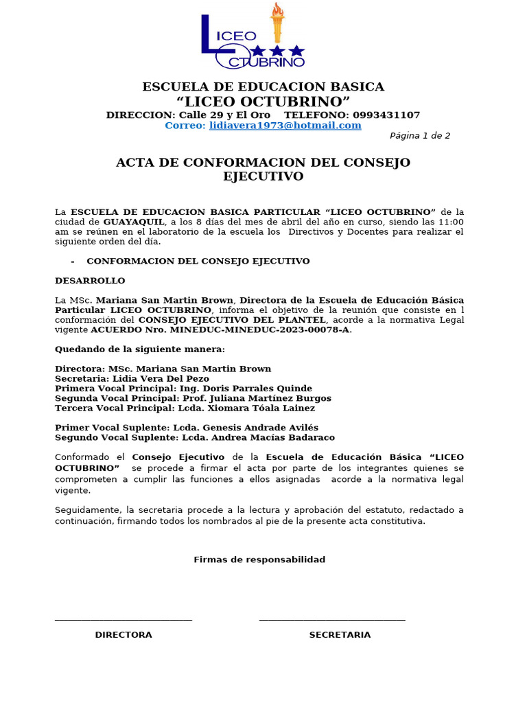 Acta de Conformacion Del Consejo Ejecutivo Lo 2024 | PDF
