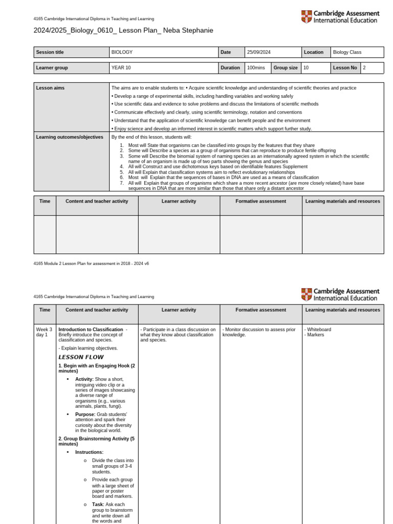 0610_Biology_Lesson Plan | PDF