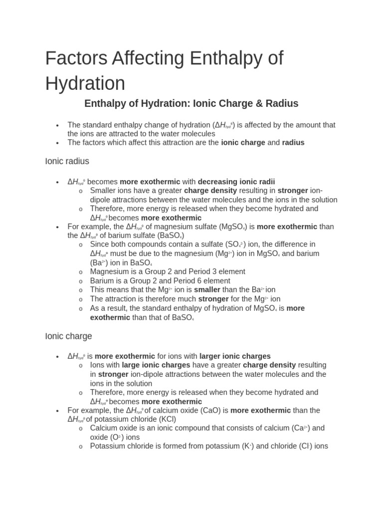 Factors Influencing Hydration Enthalpy | PDF | Solvation | Ionic Bonding