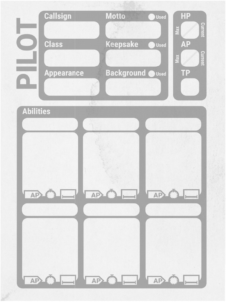 Salvage Union Pilot Sheet Greyscale | PDF