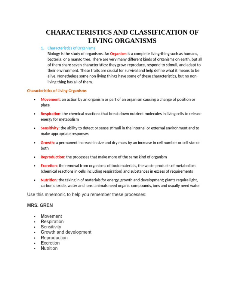 CHARACTERISTICS AND CLASSIFICATION OF LIVING ORGANISMS | PDF