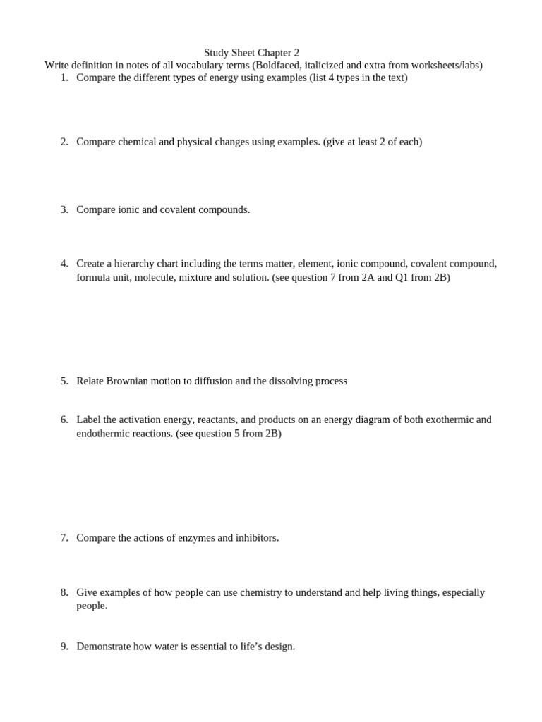 Study Sheet Chapter 2 | PDF